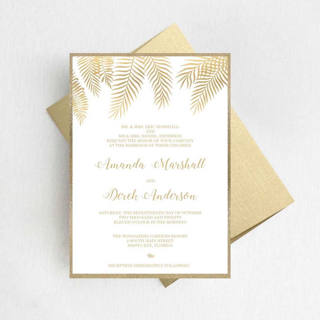 Gold Palm Tree Leaves Wedding Invitation Suite, Botanical Beach Wedding ...