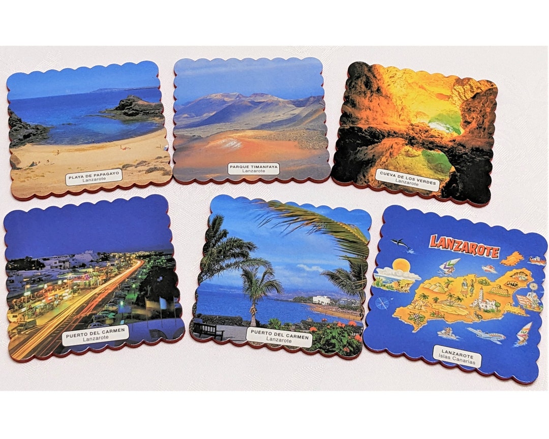 Vintage 6 Lanzarote Souvenir Faux Cork Back Drink Coasters Canary ...