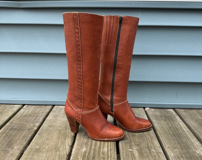 1970’s Leather Knee High Boots Stack Wood Heel Sz 6 - Etsy