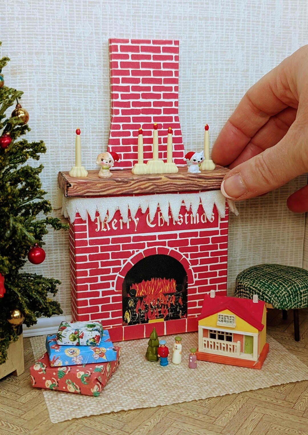 1:12 Printable Dollhouse Miniature Vintage Christmas Cardboard Fireplace Mantle, Chimney DIY ...