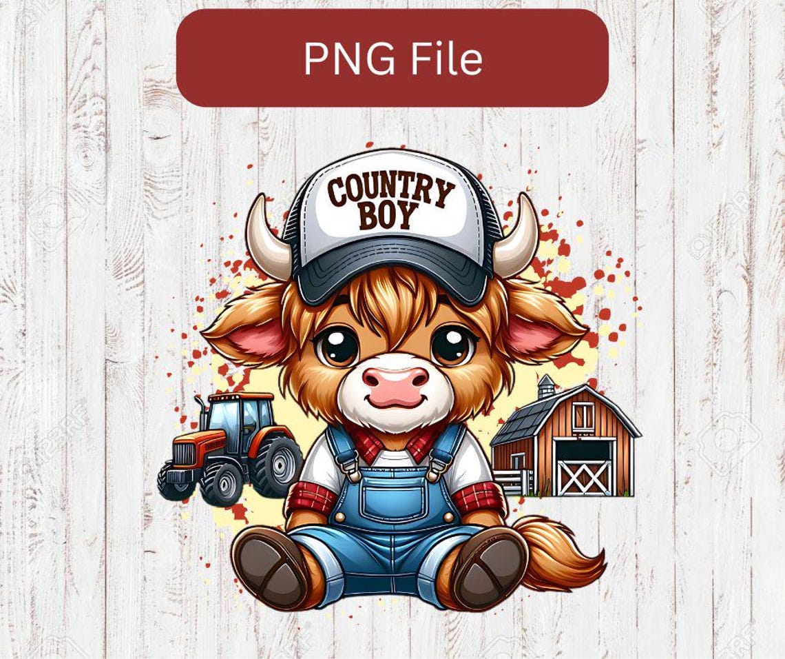 Country Boy Cow Highland Cow and Tractor PNG Bundle Sublimation Design ...