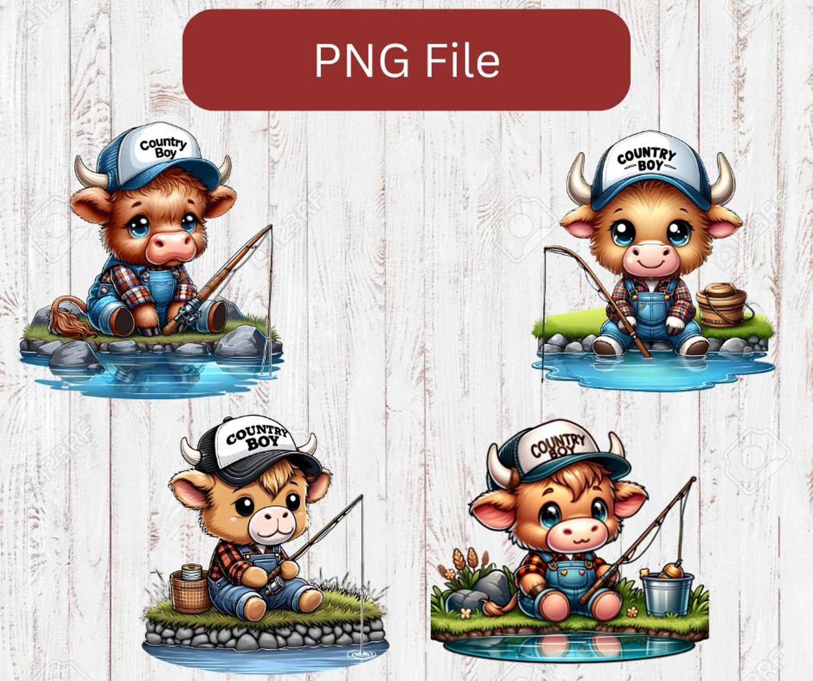Country Boy Cow Highland Cow Fishing PNG Bundle Sublimation Design ...
