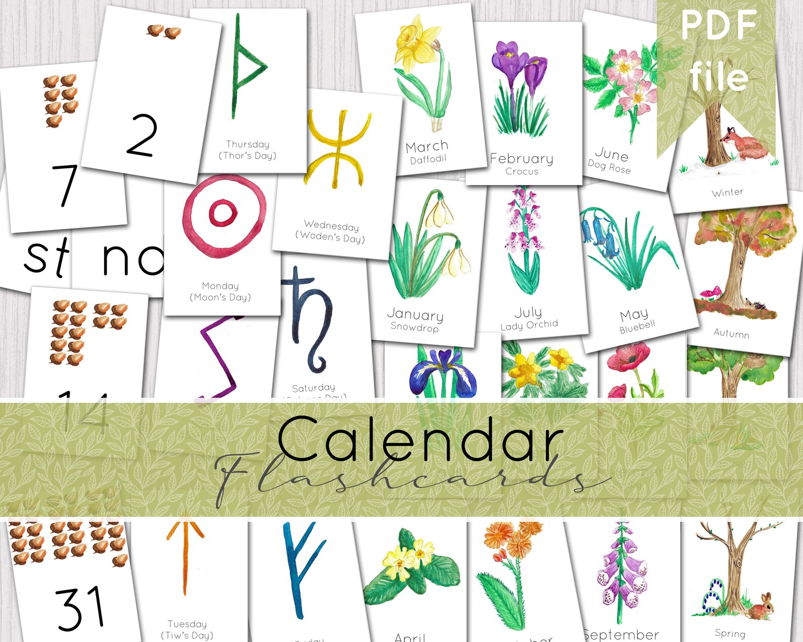 Calendar Flashcards Pack Wildflower & Season Cards DIGITAL - Etsy