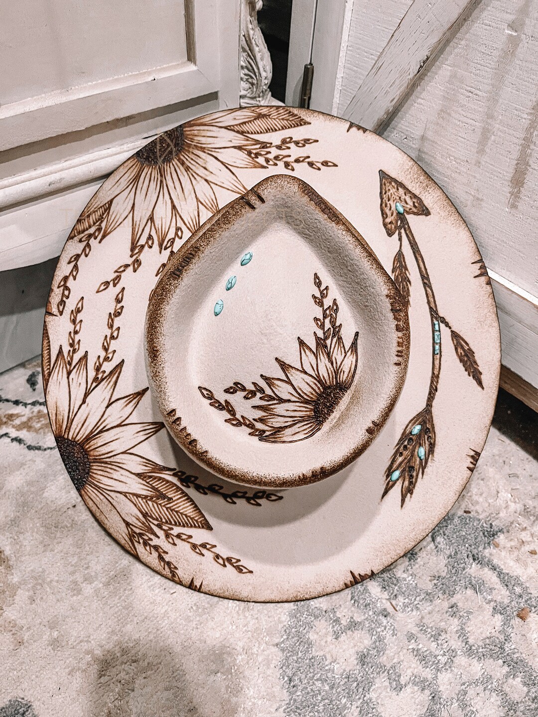 Juliana:arrow, Sunflower, Turquoise. Made to Order Handcrafted Burned Wide Brim Hat. Burned Hat ...