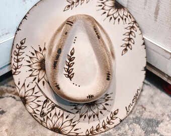Becky: Triple Sunflowers. Made to Order Handcrafted Burned Wide Brim Hat. Burned Hat, Cowboy Hat ...