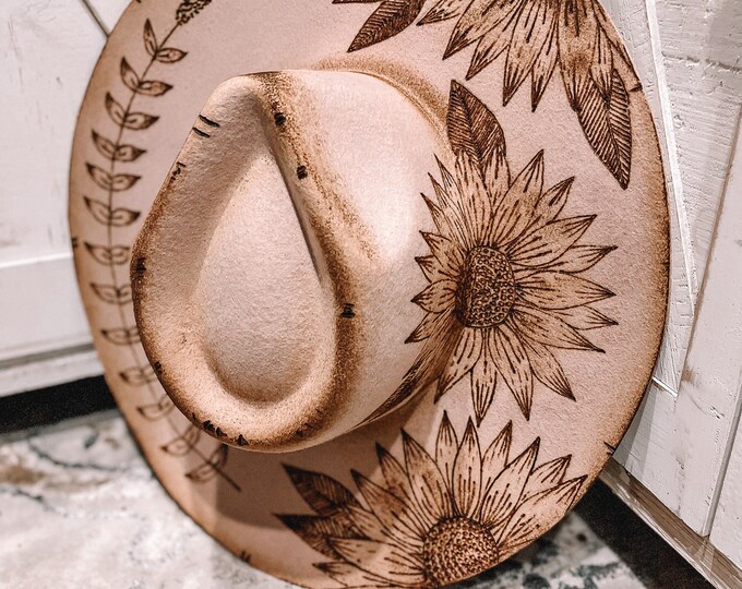 CUSTOM HAND BURNED Wide Brim Hat Bride Branded Hat Flowers and Leaves Burned Hat Western Hat - Etsy