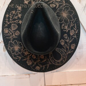 Imogen: Floral Horseshoe. Made to Order Handcrafted Burned Wide Brim Hat. Burned Hat, Cowboy Hat ...