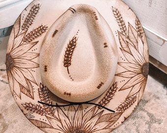 Becky: Triple Sunflowers. Made to Order Handcrafted Burned Wide Brim Hat. Burned Hat, Cowboy Hat ...