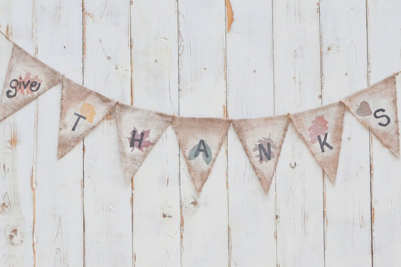 7 Pennant Fall Leaf Give Thanks Burlap Banner, Flag, Bunting, Pennant ...