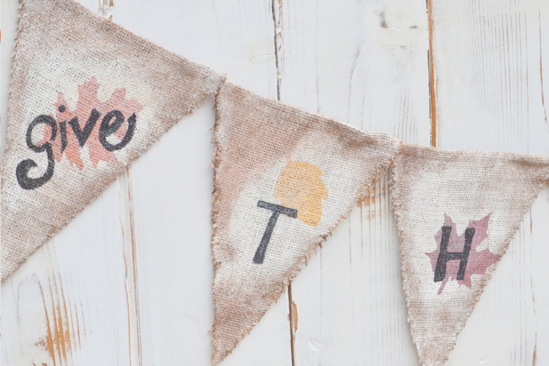 7 Pennant Fall Leaf Give Thanks Burlap Banner, Flag, Bunting, Pennant ...