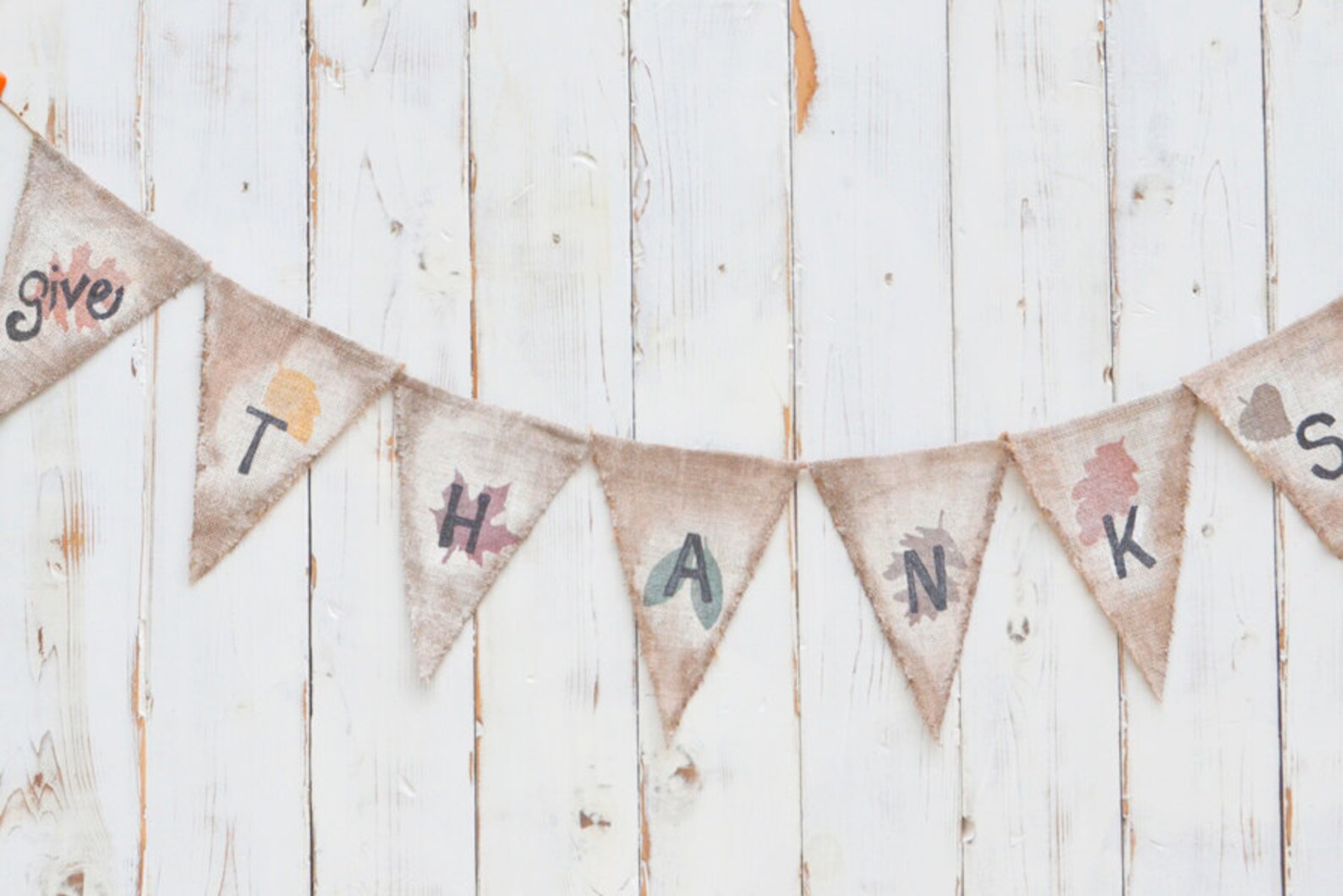 7 Pennant Fall Leaf Give Thanks Burlap Banner, Flag, Bunting, Pennant ...