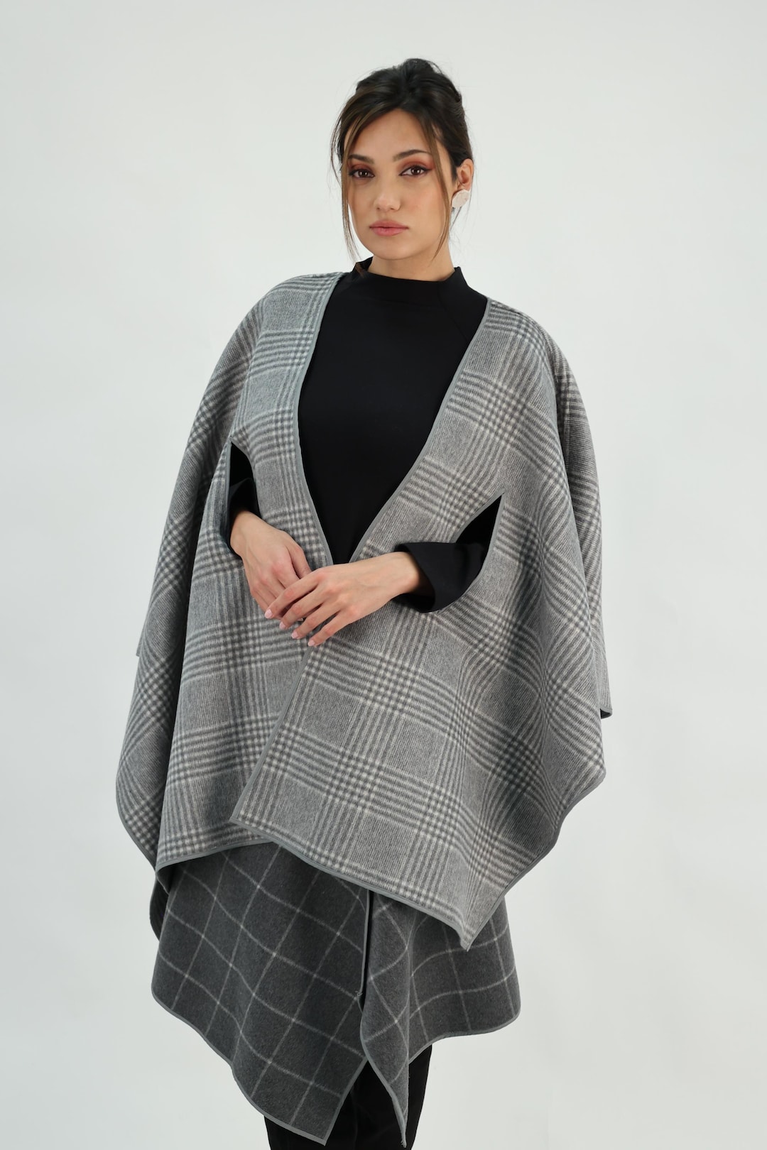 Plaid Reversible Cape With Arm Slits - Etsy