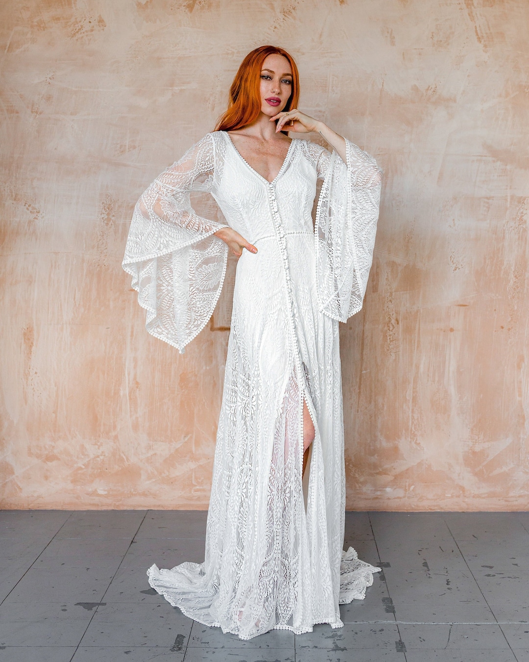 Simple Boho Wedding Dress With Wide Long Sleeves, A Line Elopement ...