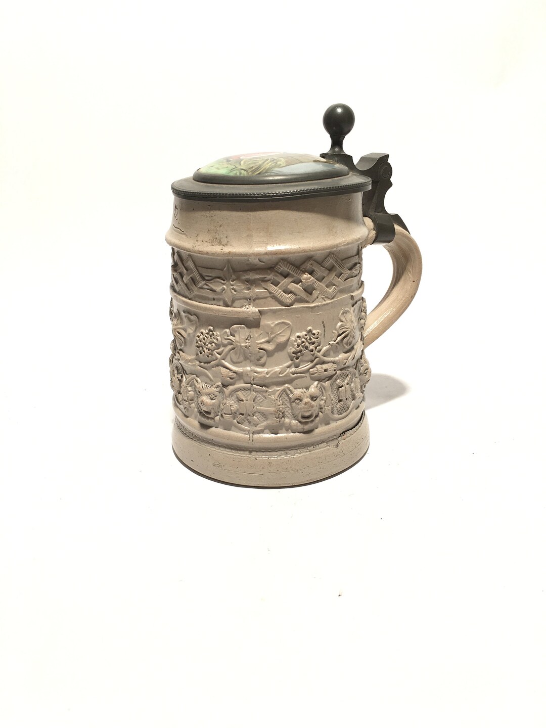 19th Century Salt Glaze German Stein W/ Porcelain Hand Painted ...