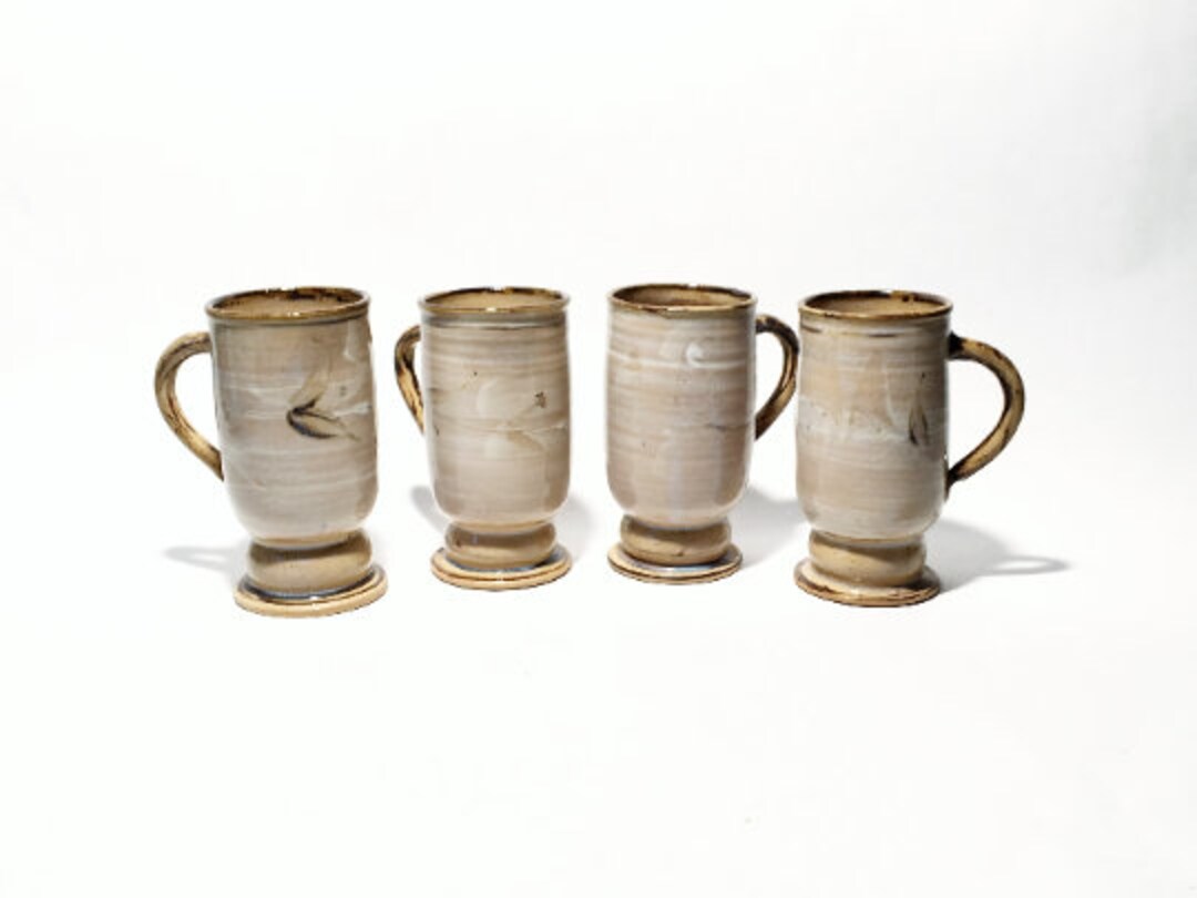 Steven Kaye Studio Art Pottery Footed Mugs W Asian Influence Decoration ...