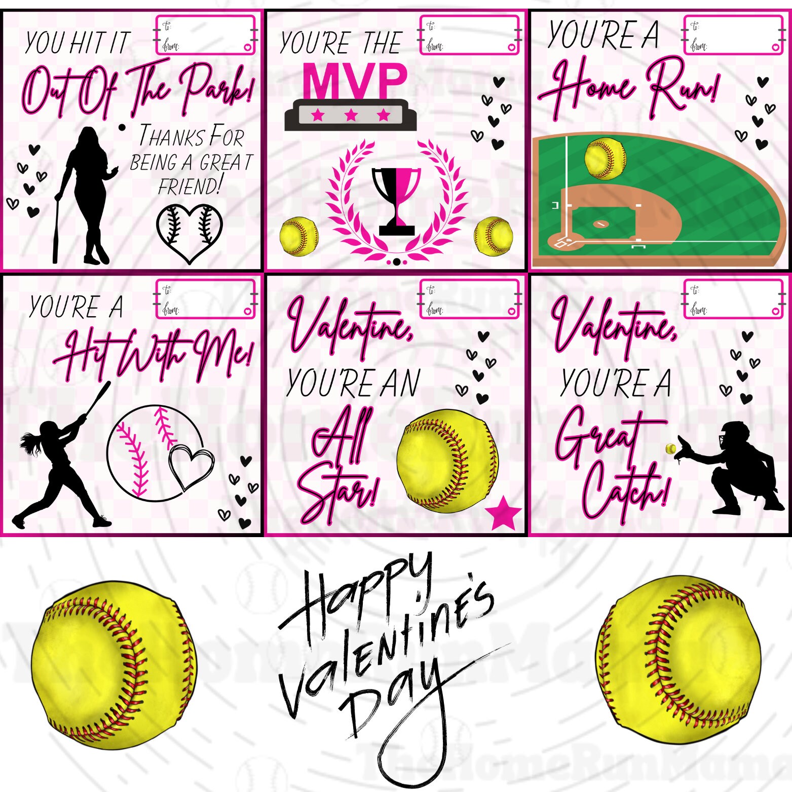 Softball Valentine's Day Cards Set of 6 Styles to Share the Love PNG ...