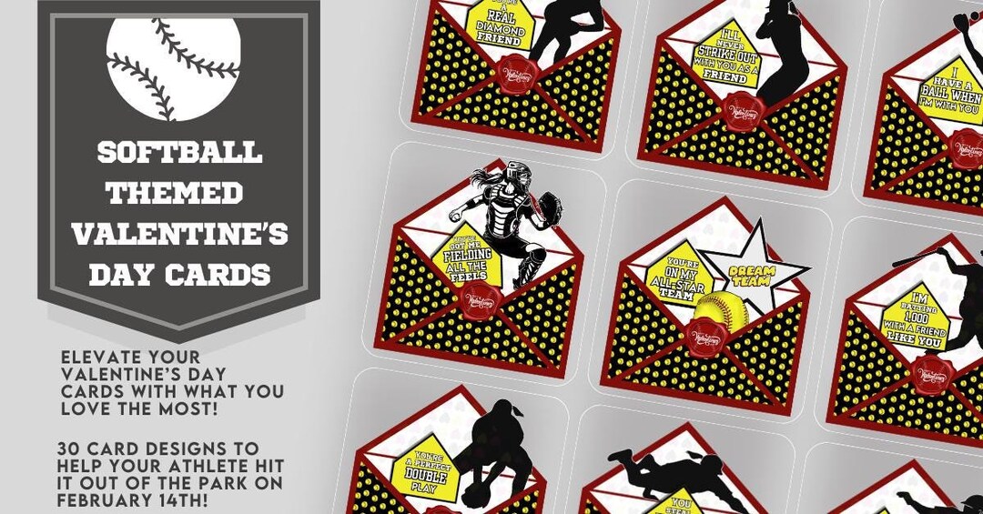 Softball Themed Valentine's Day Cards | Softball Team | Softball Valentine's | Sports Valentine ...