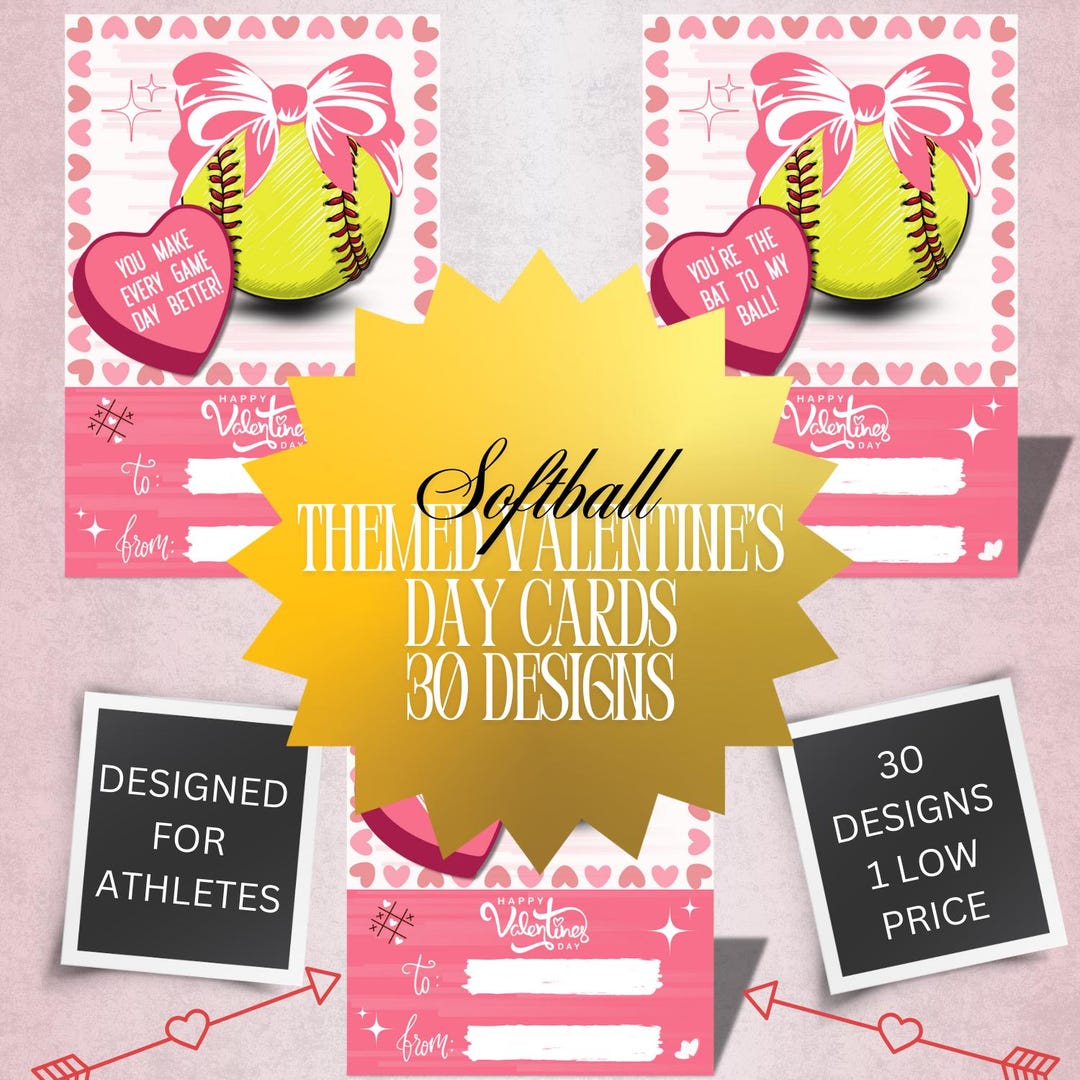 Softball-themed Valentine's Day Cards - 30 Digital Designs | PNG Format ...
