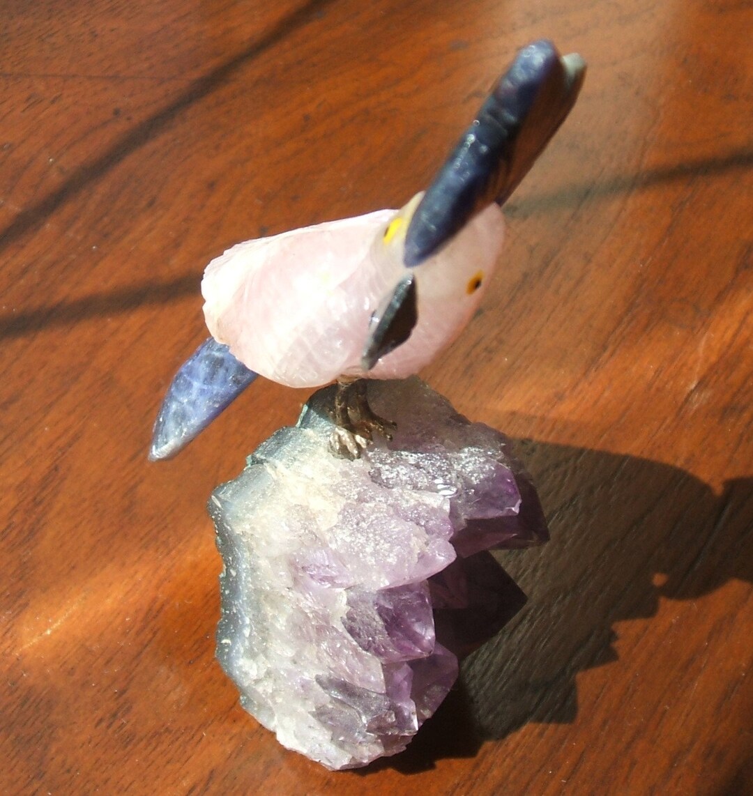 Carved Sodalite and Rose Quartz Cockatiel on an Amethyst Quartz Crystal ...