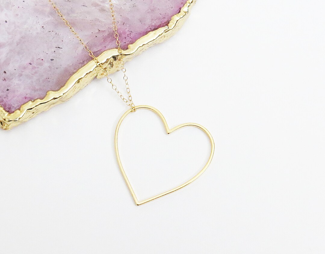 Gold Heart Necklace Large Heart Necklace Valentines Day - Etsy
