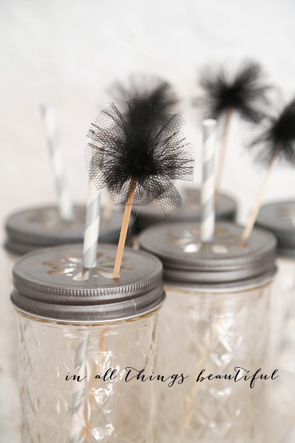 Hecho a mano Pom Pom bebida agitador negro paquete de 5 novia ...