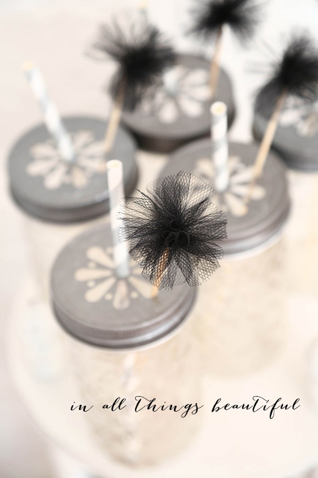 Hecho a mano Pom Pom bebida agitador negro paquete de 5 novia ...