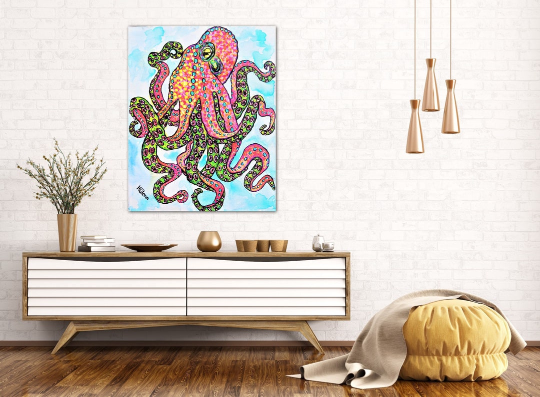 Octopus Painting, Colorful Octopus Art Print on Big Canvas or Matted ...