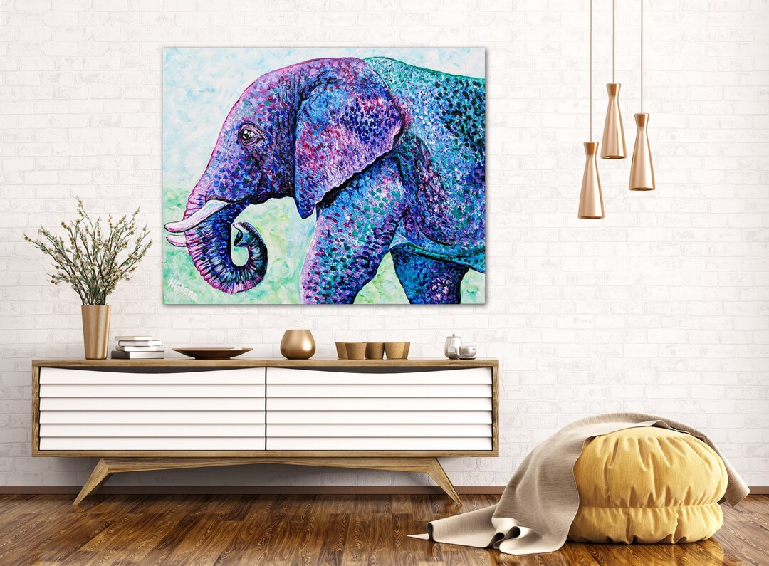 Elephant Painting, Purple Elephant Art, Large Canvas or Matted Print ...