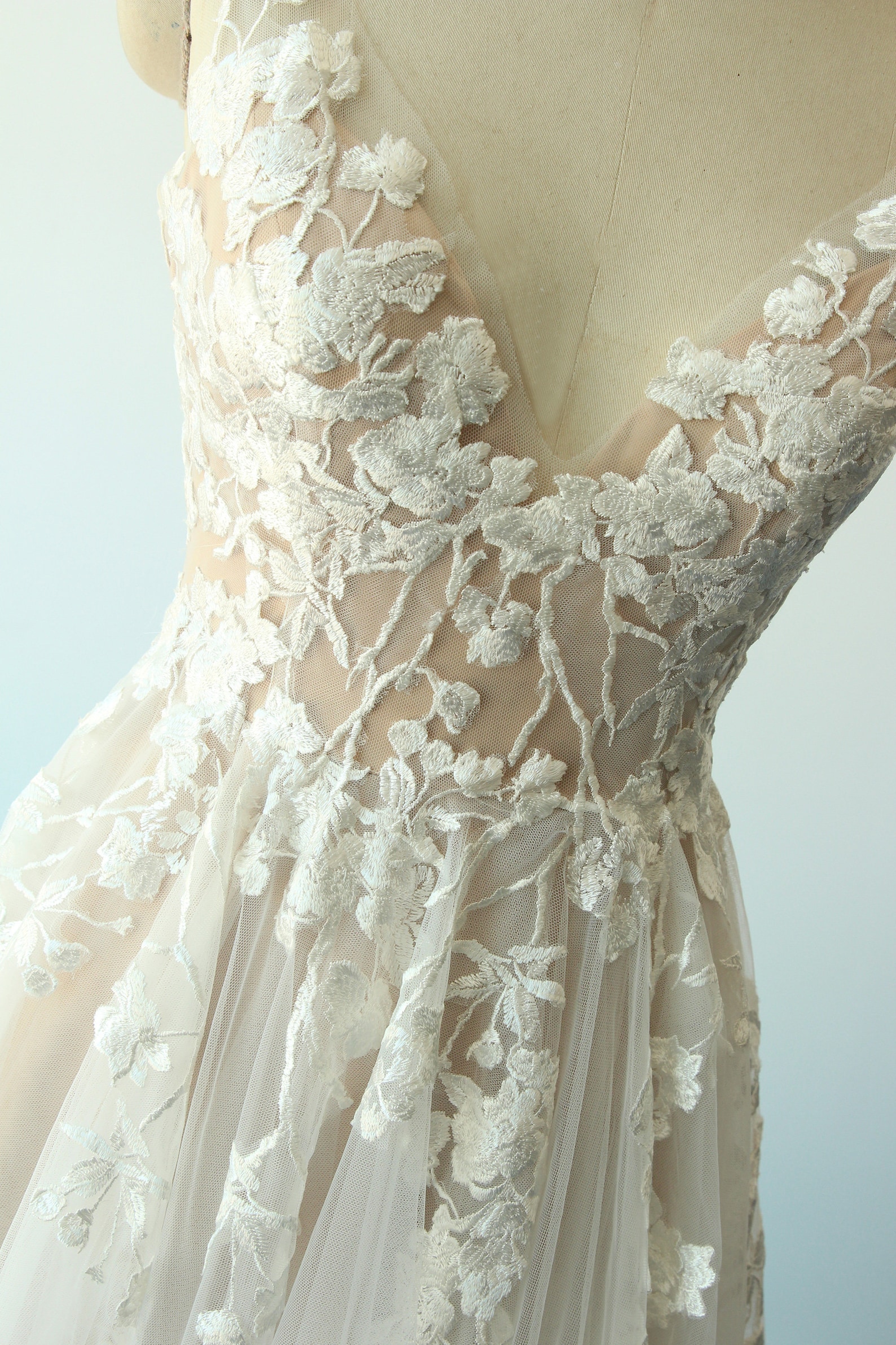 Elegant flowy A-line deep V neckline tulle lace wedding dress | Etsy