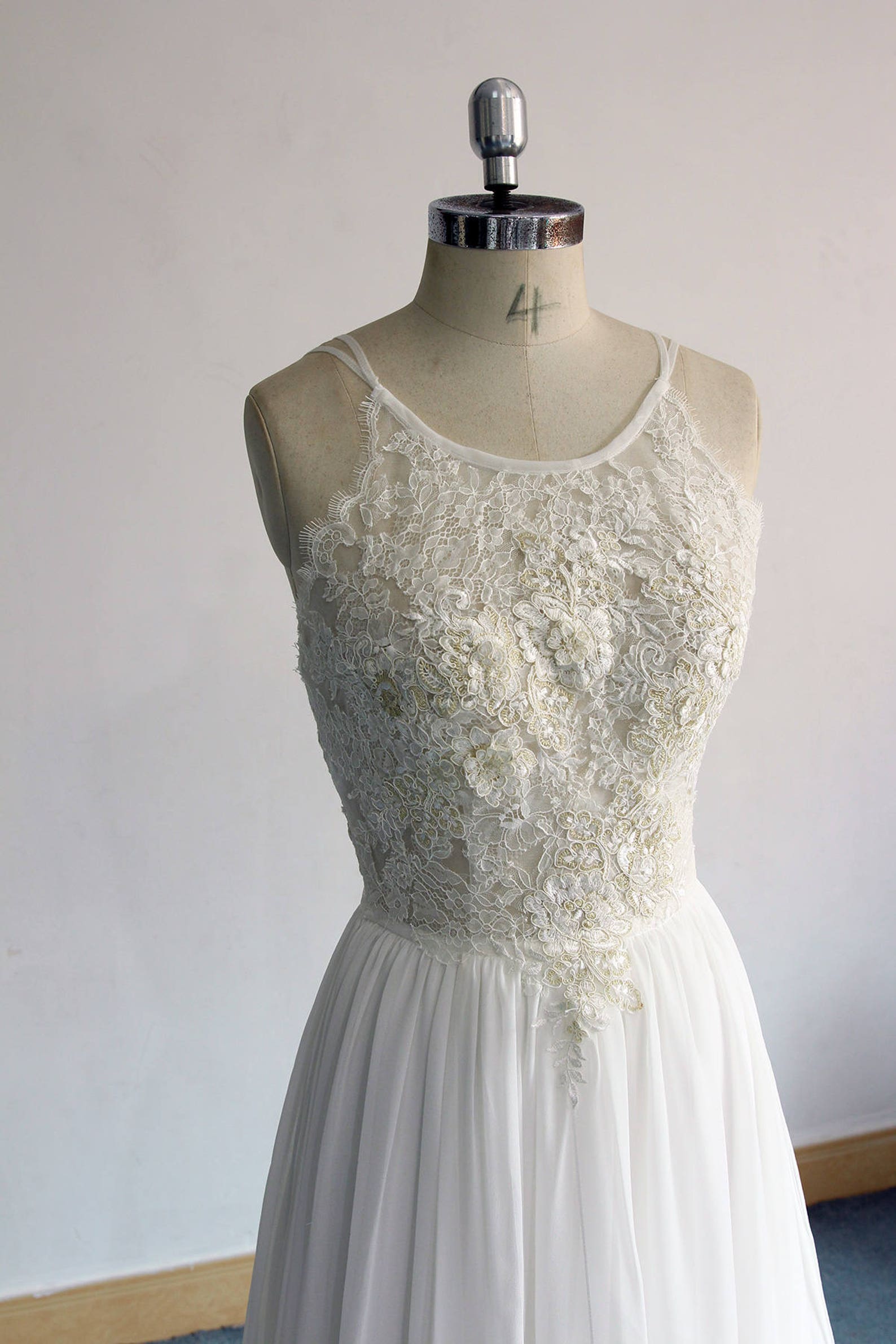 Flowy Aline Boho Lace Wedding Dress Chiffon Lace Wedding | Etsy