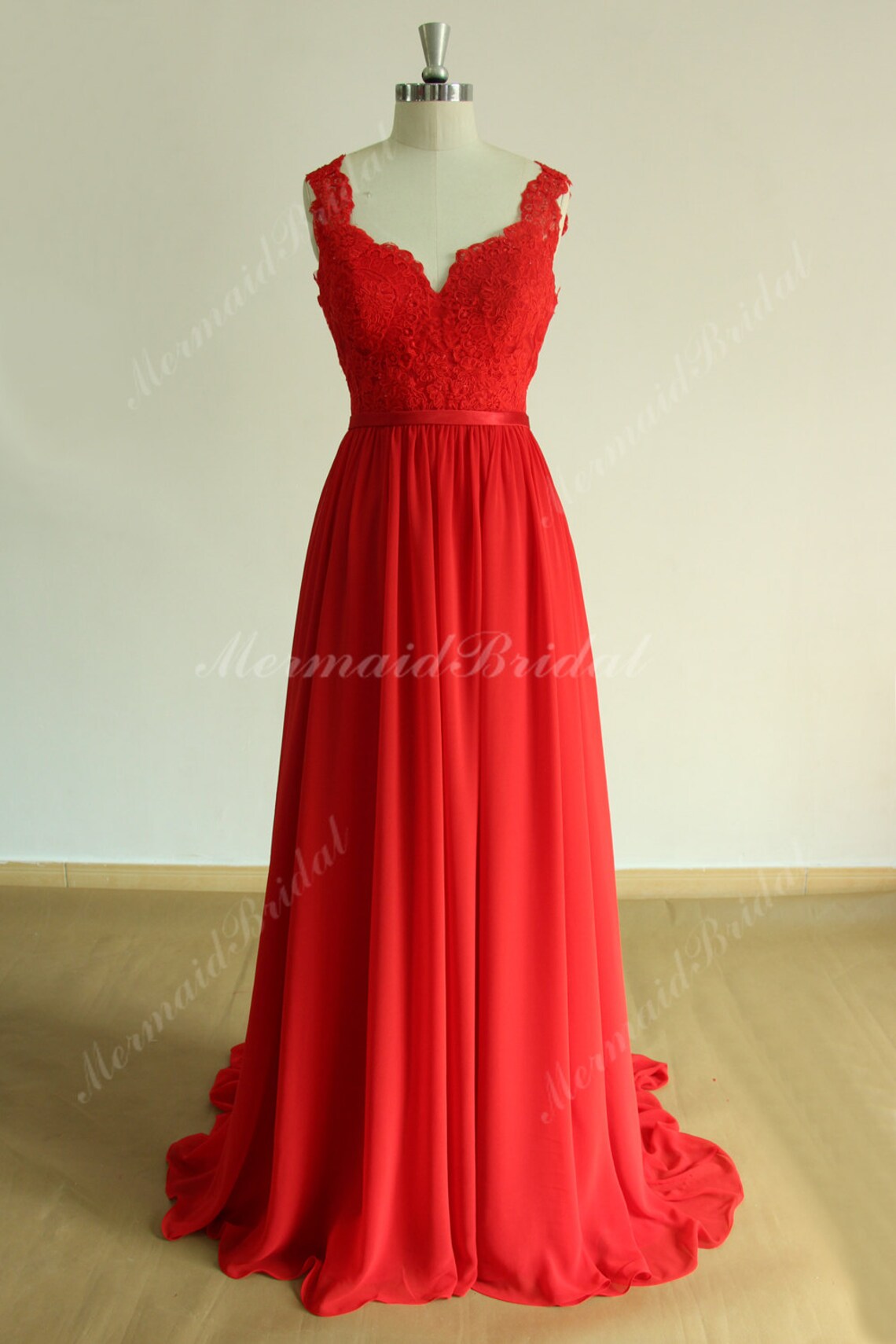 Open Back Red Flowy A Line Chiffon Lace Wedding Dress Prom Etsy