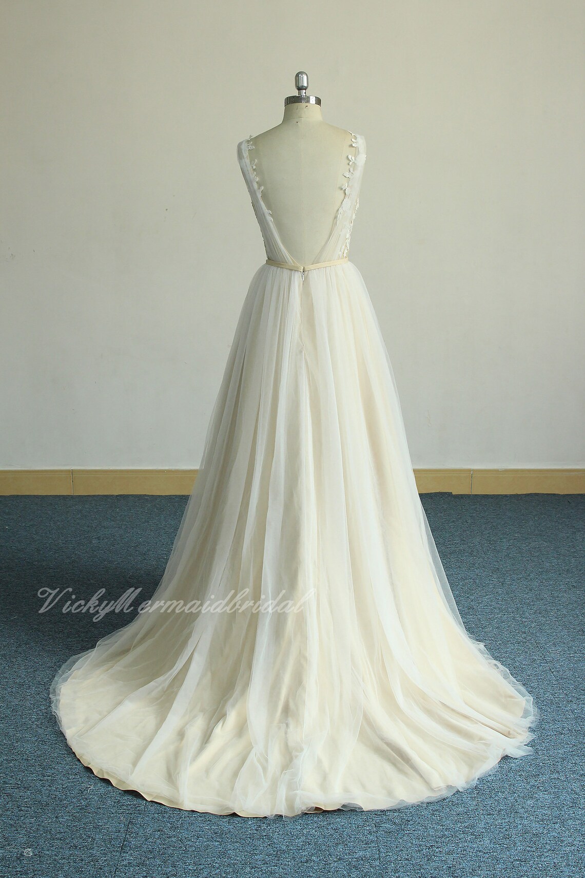 Open back Deep V neckline tulle lace wedding dress with | Etsy