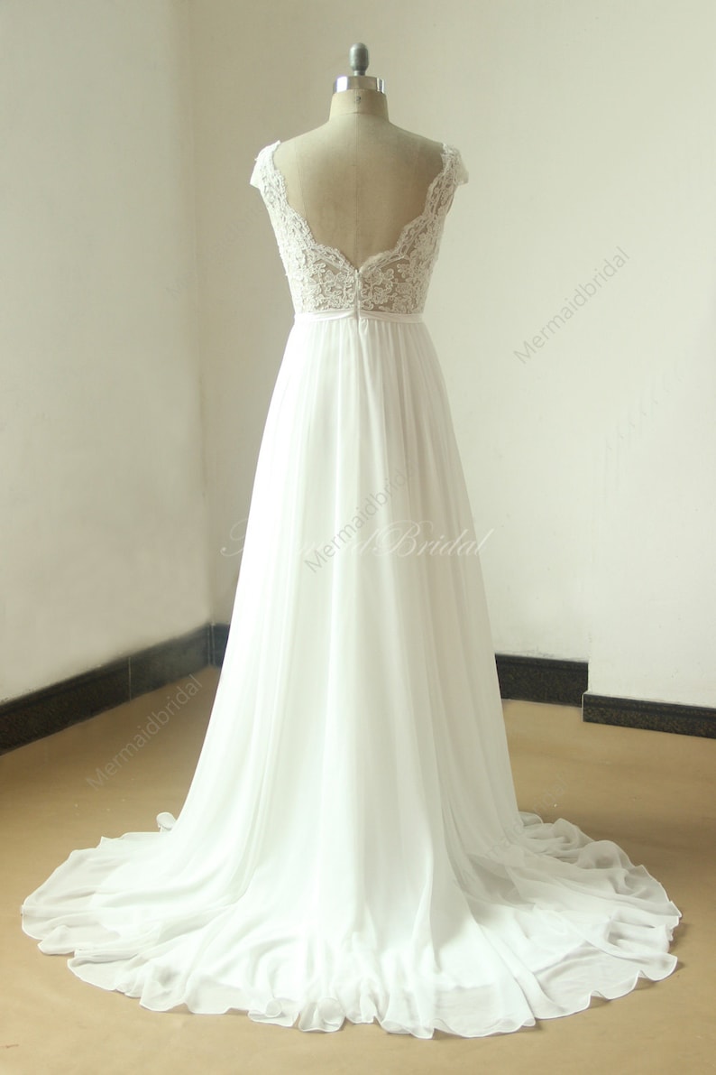 Ivory A line chiffon see thru sheer lace wedding dress with | Etsy