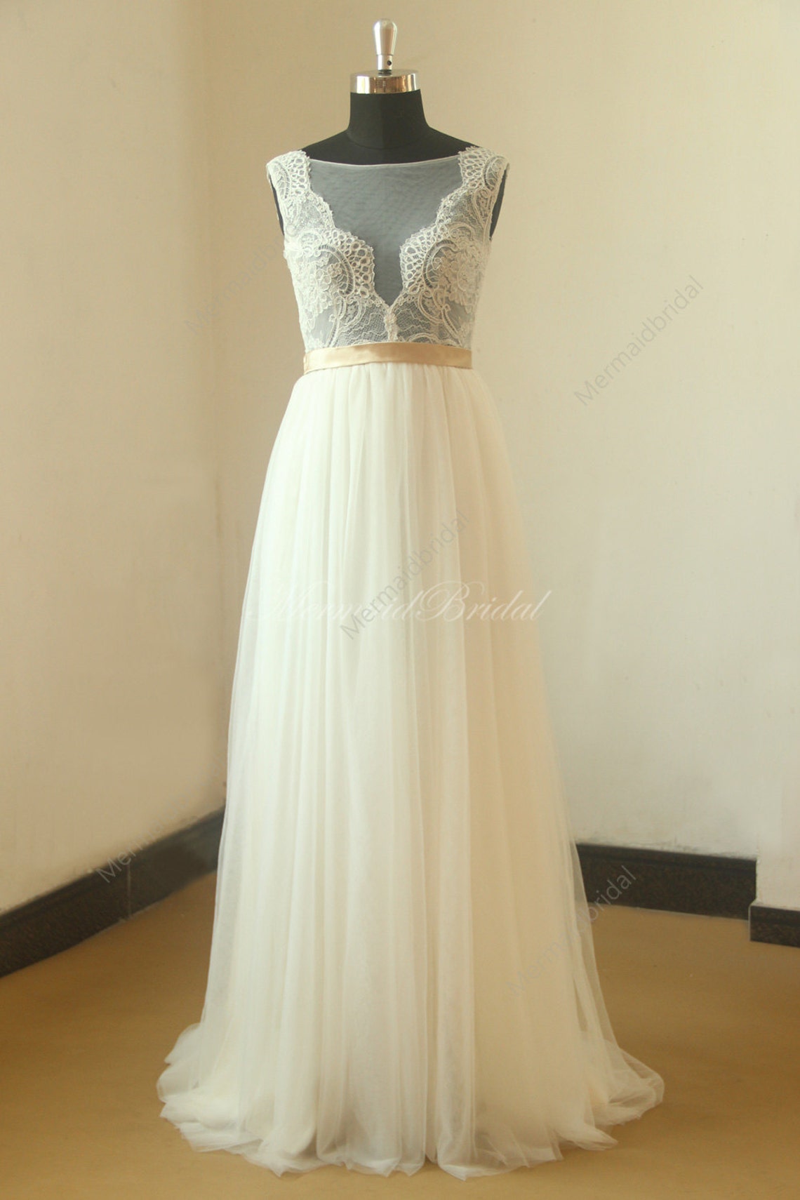 Elegant See Through A Line Tulle Lace Wedding Dress With Pale - Etsy