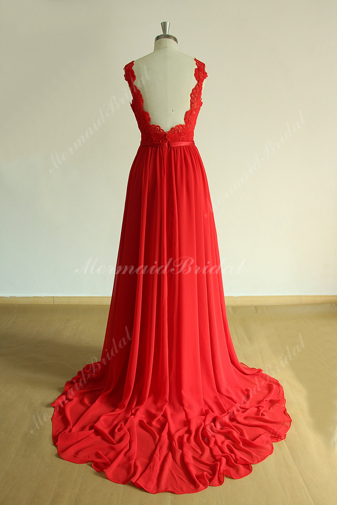 Open Back Red Flowy A Line Chiffon Lace Wedding Dress Prom Etsy