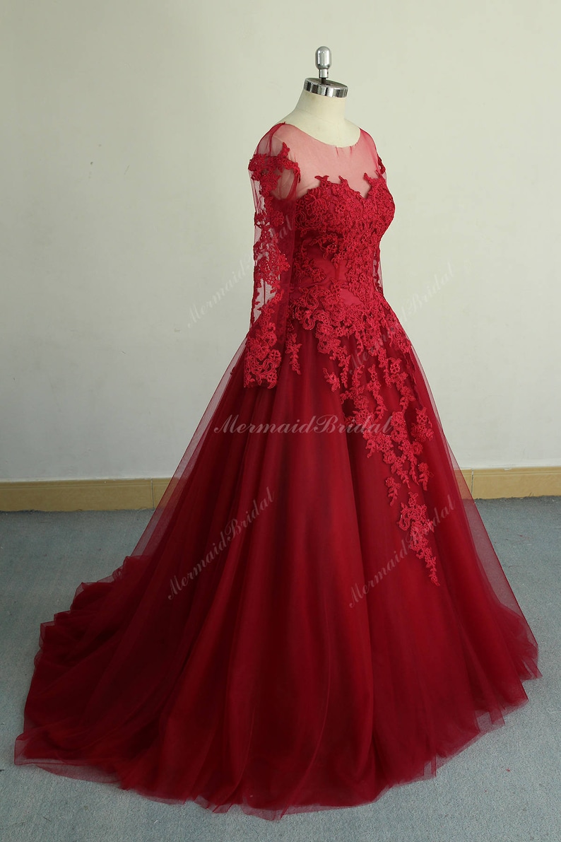 Elegant Dark Red Vintage Lace A-line Wedding Dress: Long Sleeves ...