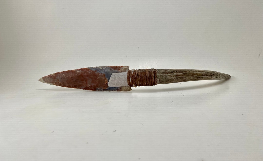 X-large Flint Knapped Agate Knife W/ Antiqued Antler Handle Stone Blade ...