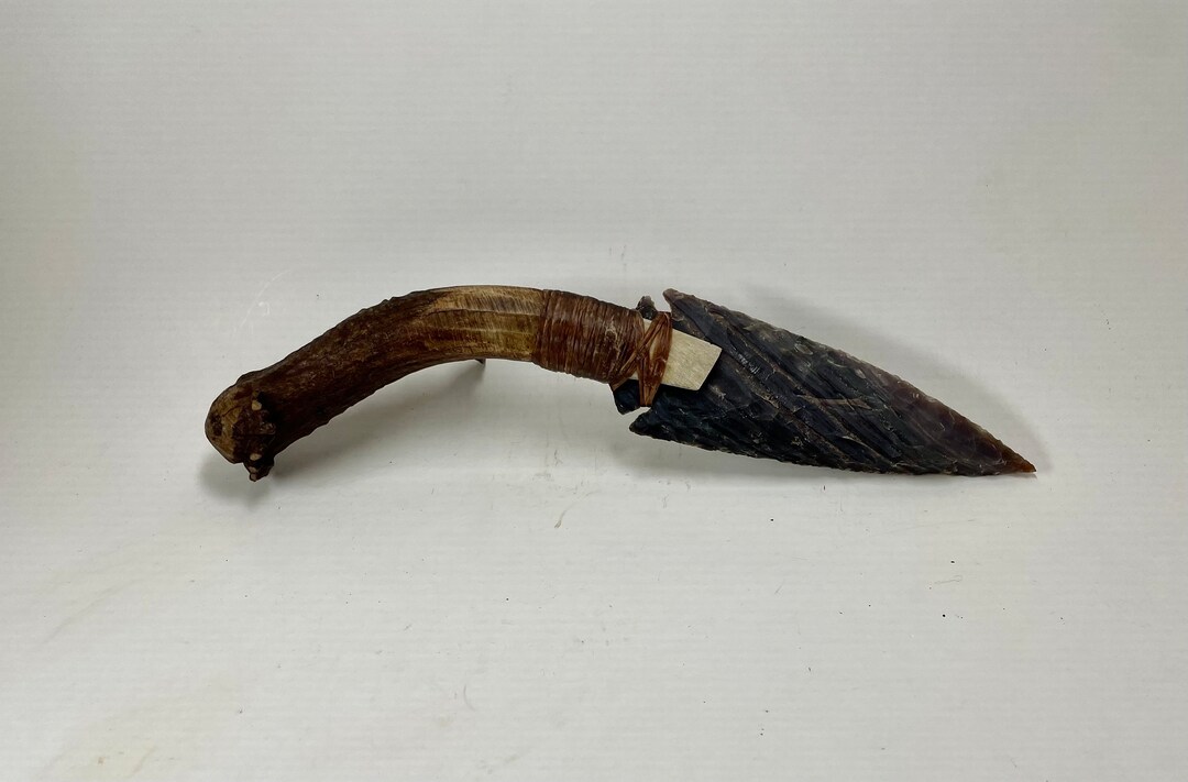 Flint Knapped Agate Knife W/ Antiqued Antler Handle Stone Blade ...
