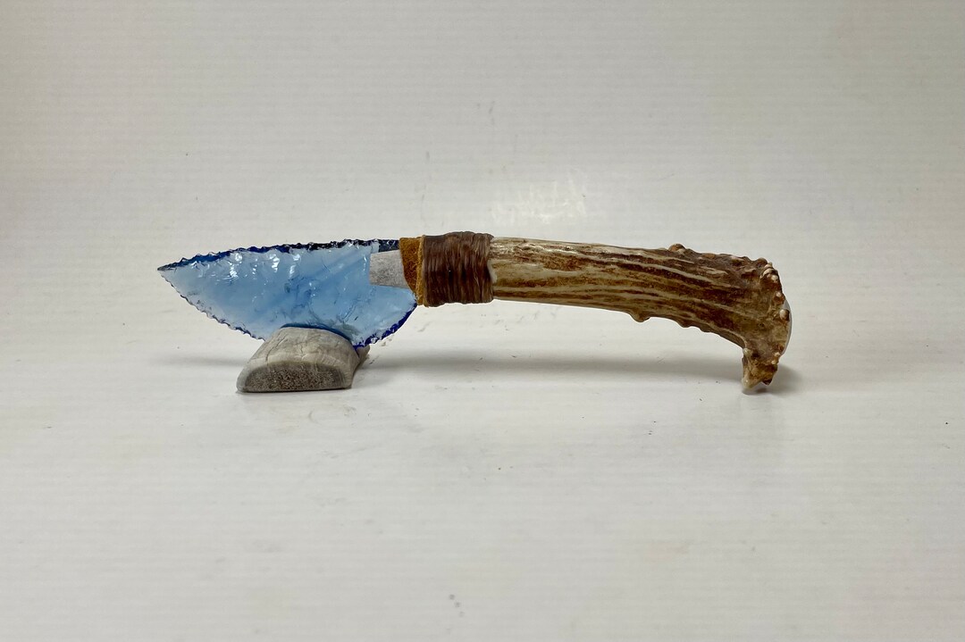 Sapphire Blue Glass Knife W/ Deer Antler Handle Flint Knapping by Bo ...