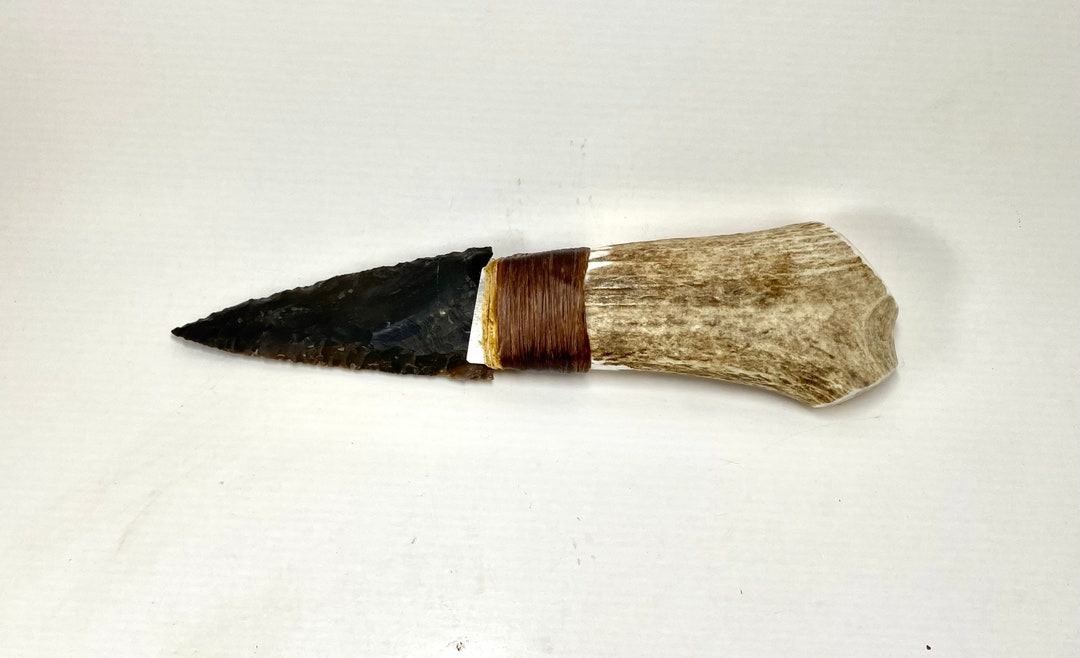 Flint Knapped Agate Knife W/ Antiqued Antler Handle Stone Blade ...
