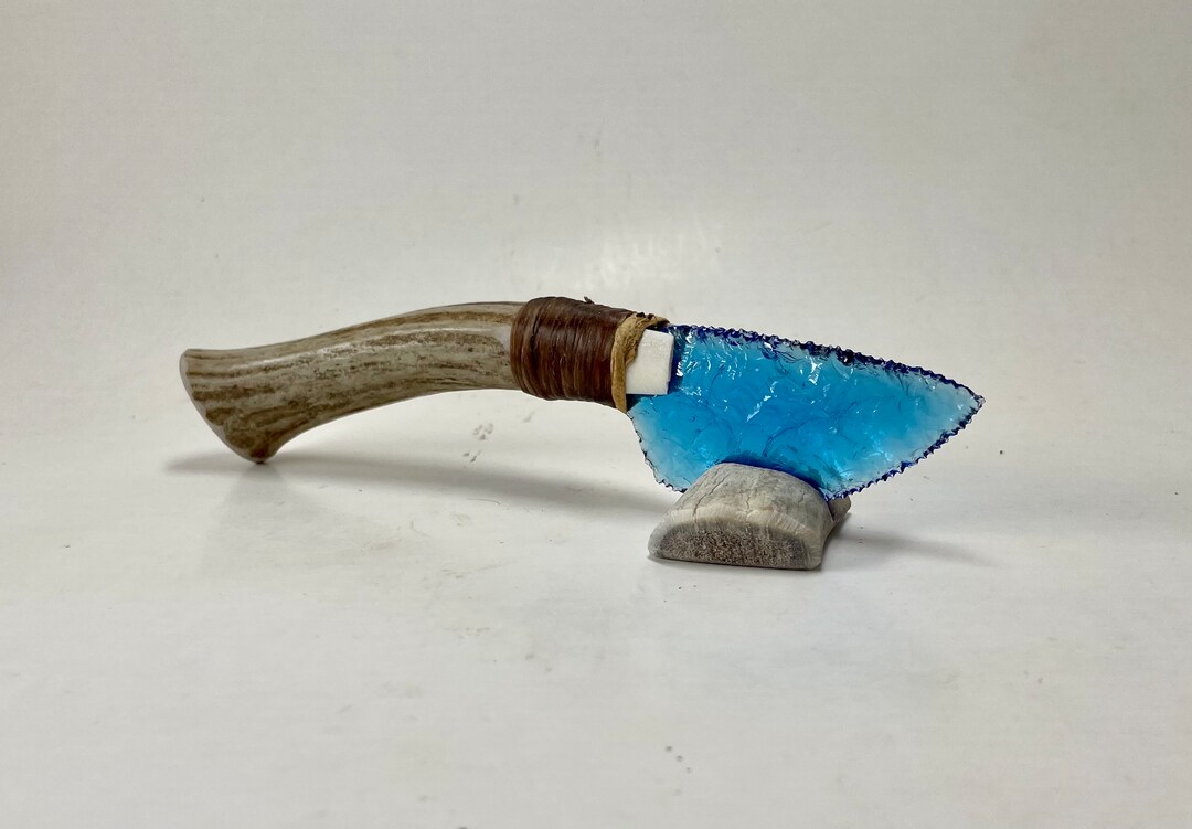 Sapphire Blue Glass Knife W/ Deer Antler Handle Flint Knapping by Bo ...