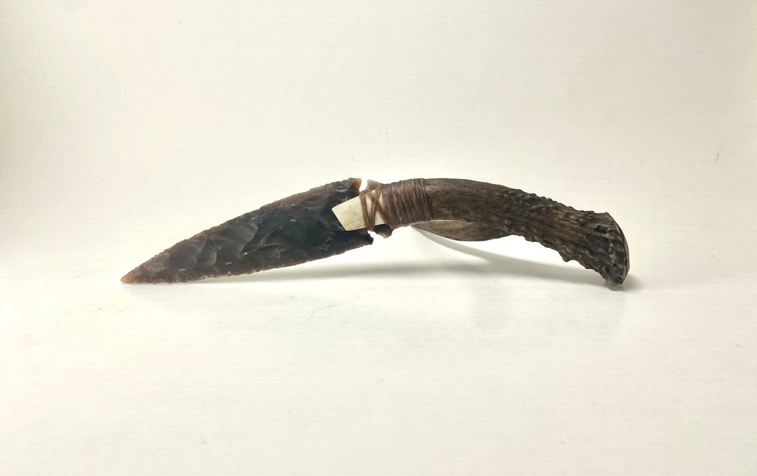 Flint Knapped Agate Knife W/ Antiqued Antler Handle Stone Blade ...