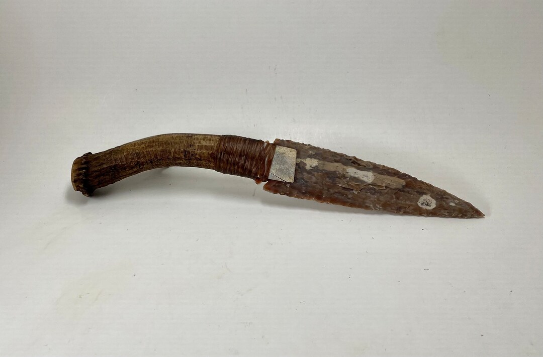 Large Flint Knapped Agate Knife W/ Antiqued Antler Handle Stone Blade ...