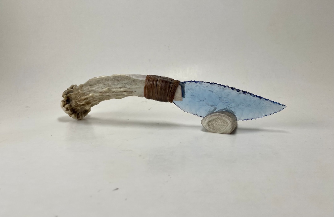 Sapphire Blue Glass Knife W/ Deer Antler Handle Flint Knapping by Bo ...