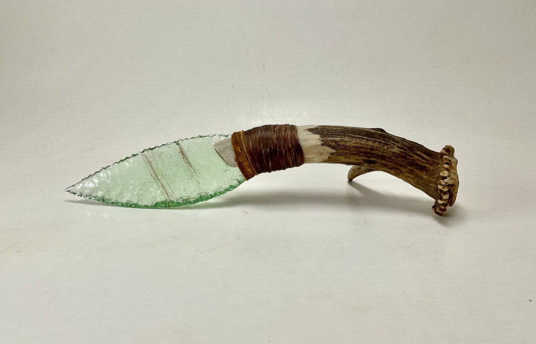 Green “sprite Bottle” Glass Knife W/ Self- Stand Deer Antler Handle ...