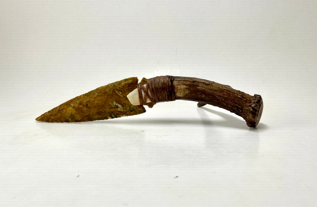 Flint Knapped Agate Knife W/ Antiqued Antler Handle Stone - Etsy