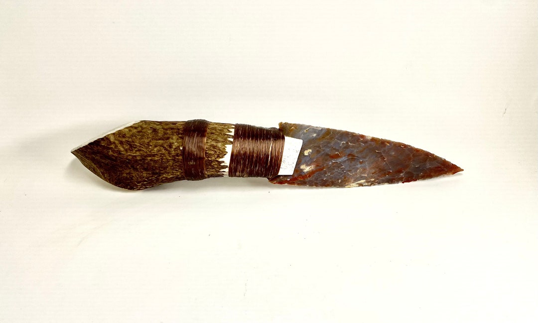 Xx-large Flint Knapped Agate Knife W/ Antiqued Antler Handle Stone ...