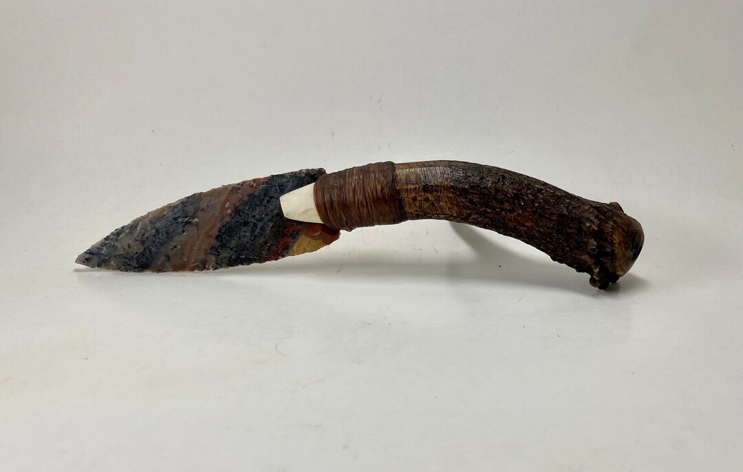 Flint Knapped Agate Knife W/ Antiqued Antler Handle Stone Blade ...