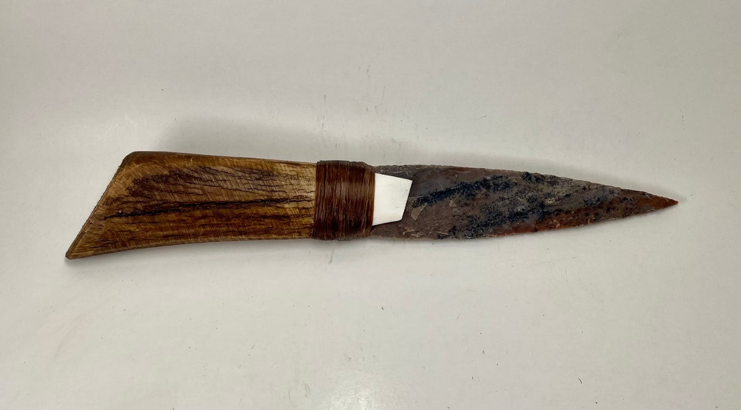 X-large Flint Knapped Agate Knife W/ Antiqued Antler Handle Stone Blade ...