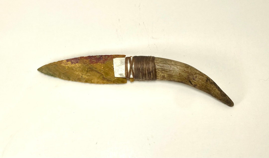 Flint Knapped Agate Knife W/ Antiqued Antler Handle Stone Blade ...